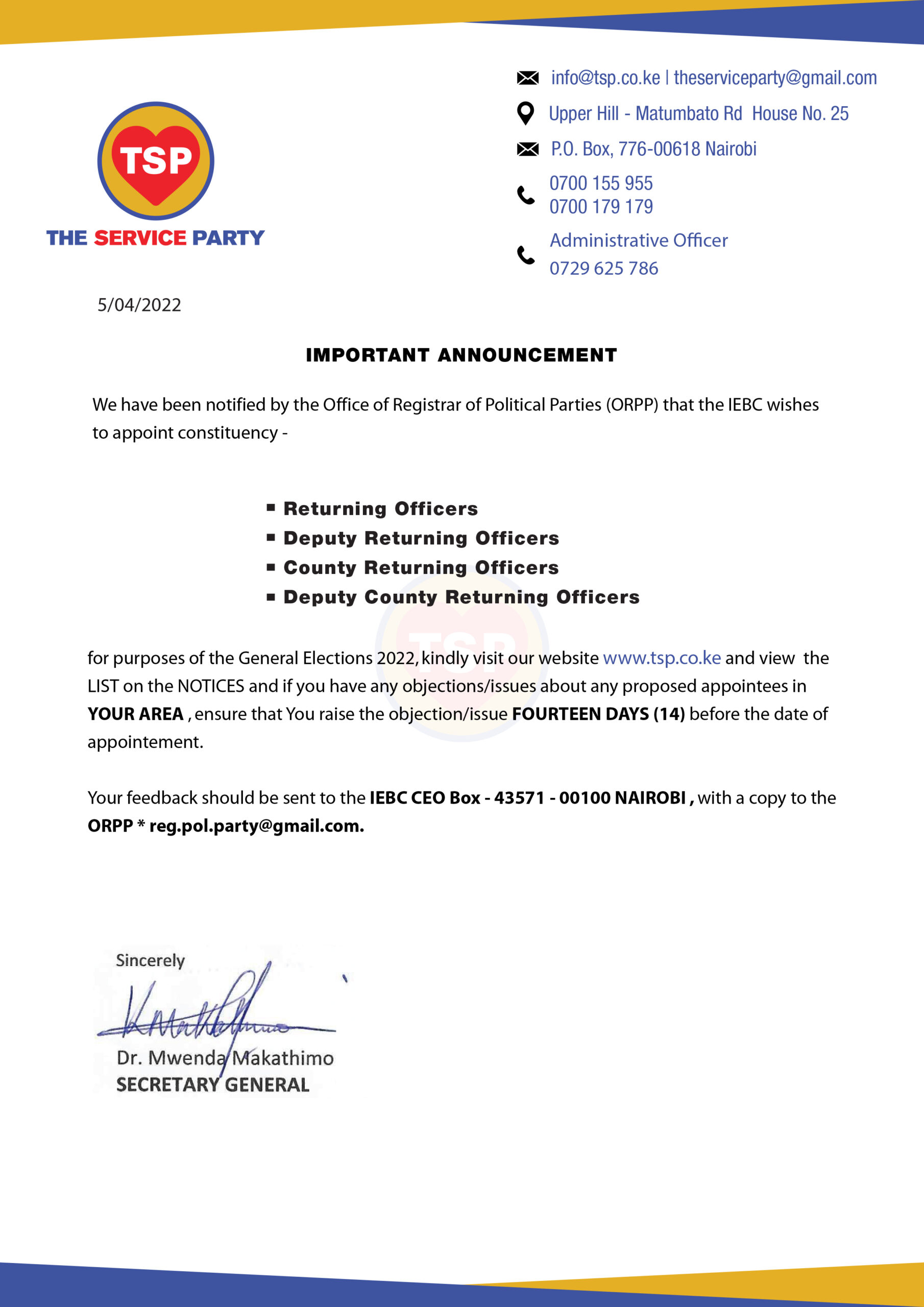 Appointment of Returning Officers | TSP
